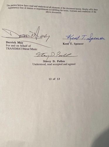 1990s Recording Contract Stacey Pullen Derrick May Techno Detroit ...