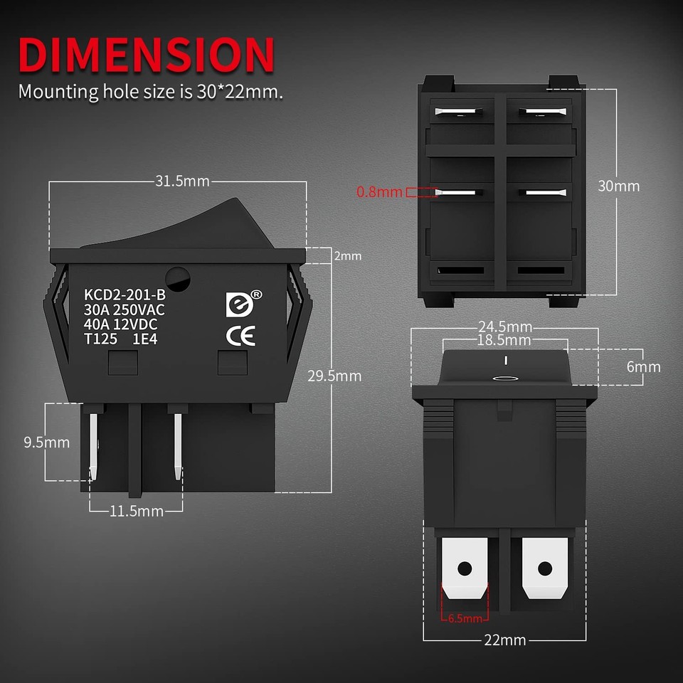 DaierTek DPST KCD4 Rocker Switch 40A 12V DC 4 Pin 2 Position Switch ON ...