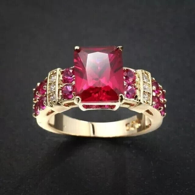 Lab Created 2CT Emerald Cut Red Ruby Women's Wedding Ring 14K Yellow ...