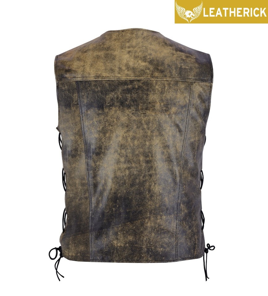 Men Vintage Motorcycle Leather Waistcoat Distressed Brown Biker Leather ...