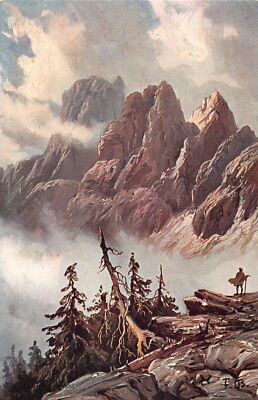 Cliffs Clouded Mountain Mountaineer Art signed Fritz Bayerlein postcard ...