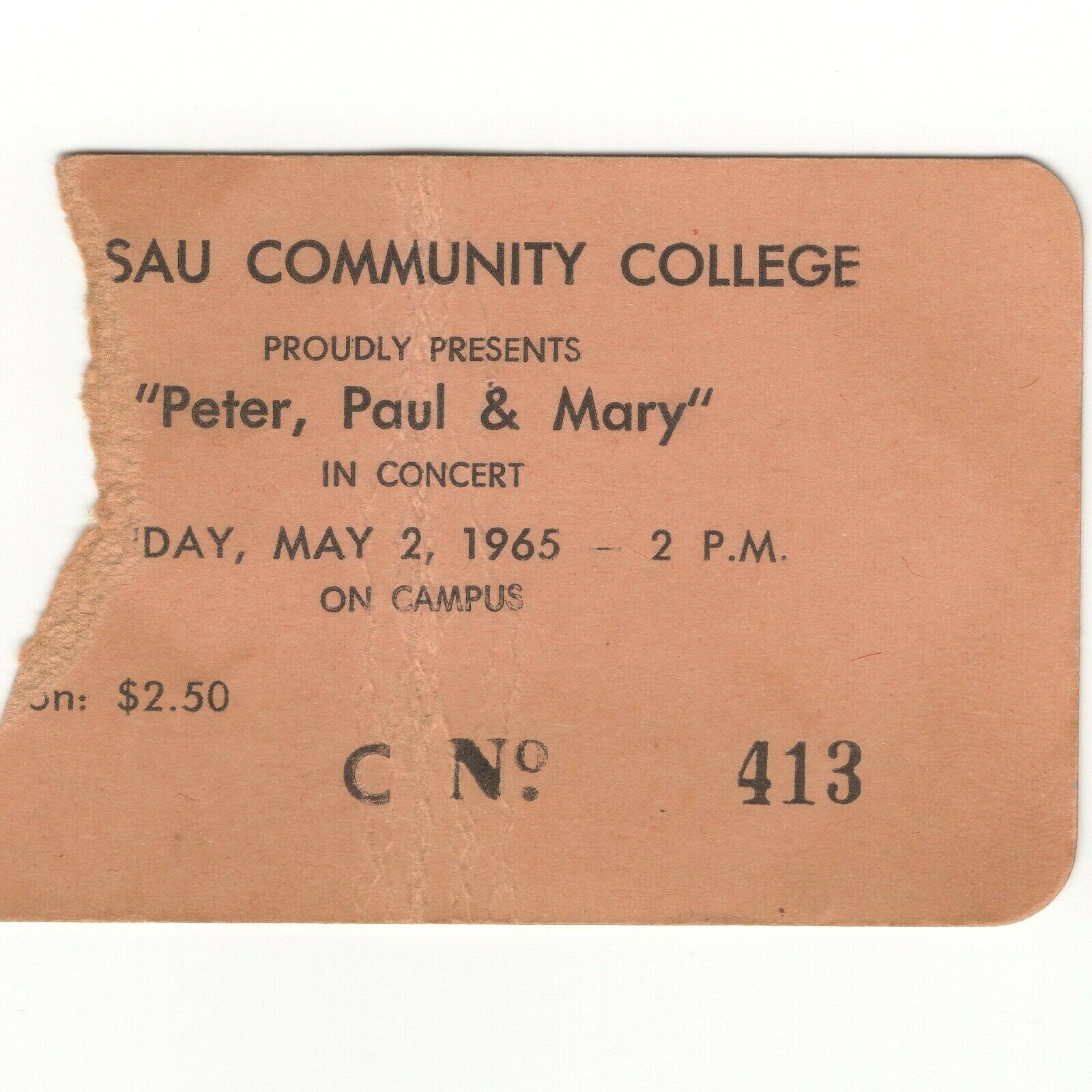 PETER PAUL & MARY Concert Ticket Stub NYC 5/2/65 NASSAU PUFF THE MAGIC ...