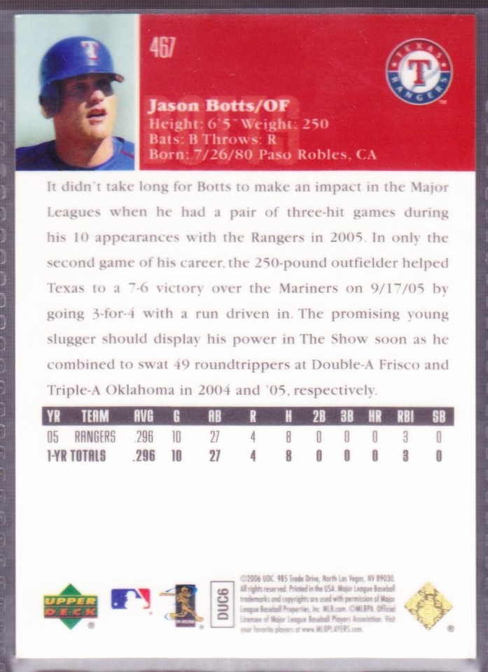 2006 Upper Deck Special F/X #467 Jason Botts | eBay