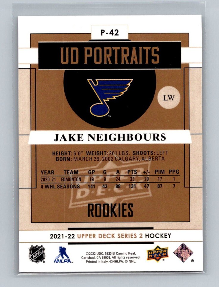 2021-22 UD Series 2 UD Portraits Rookies #P-42 Jake Neighbours St ...