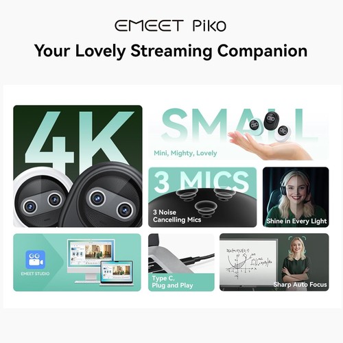 EMEET Piko 4K Webcam for Streaming, World's 1st Dual-Camera AI-Powered ...