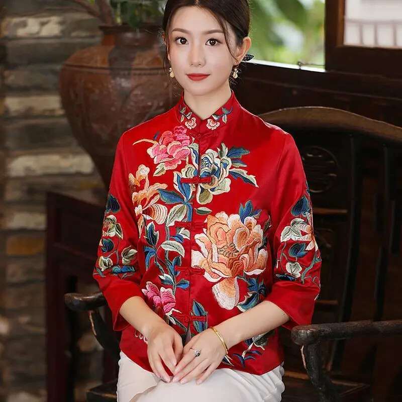 Women Chinese New Year Embroidered Cheongsam Jacket Satin Ethnic Top ...
