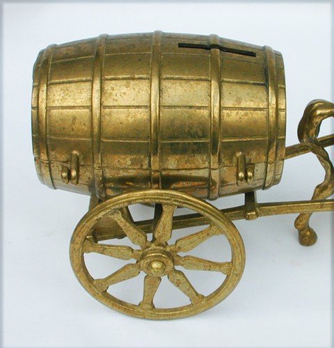 Brass still bank horse with beer barrel cart made in Italy large 3 lbs ...