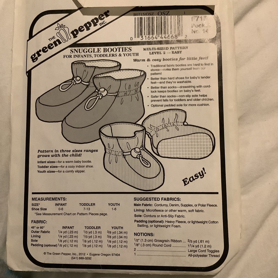SNUGGLE BOOTIES The Green Pepper Sewing Pattern In 3 Sizes # F715 NOS ...