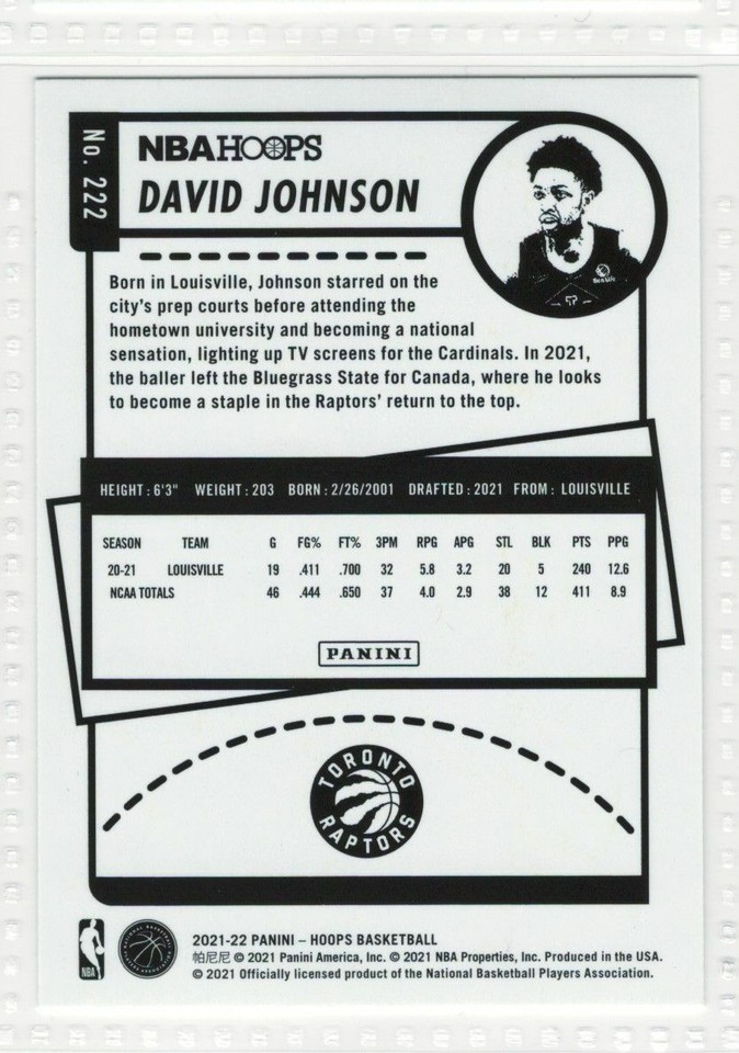 2021-22 Panini NBA Hoops #222 David Johnson Rookie Card RC Raptors | eBay