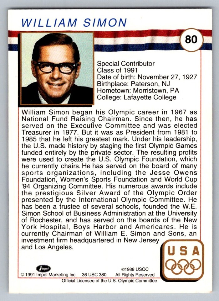 1991 Impel U.S. Olympic Hall of Fame #80 William Simon | eBay
