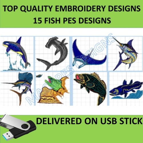 Fish PES designs Machine Embroidery 15 files on USB stick brother file ...