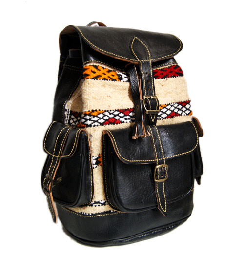 Moroccan Leather Backpack Black Rucksack Boho Kilim Carpet Bohemian ...