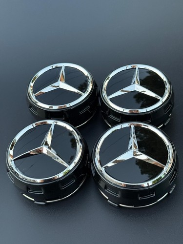SET OF 4 BLACK - BLACK OUTLINED MERCEDES BENZ 75 mm/2.95in Wheel Center ...