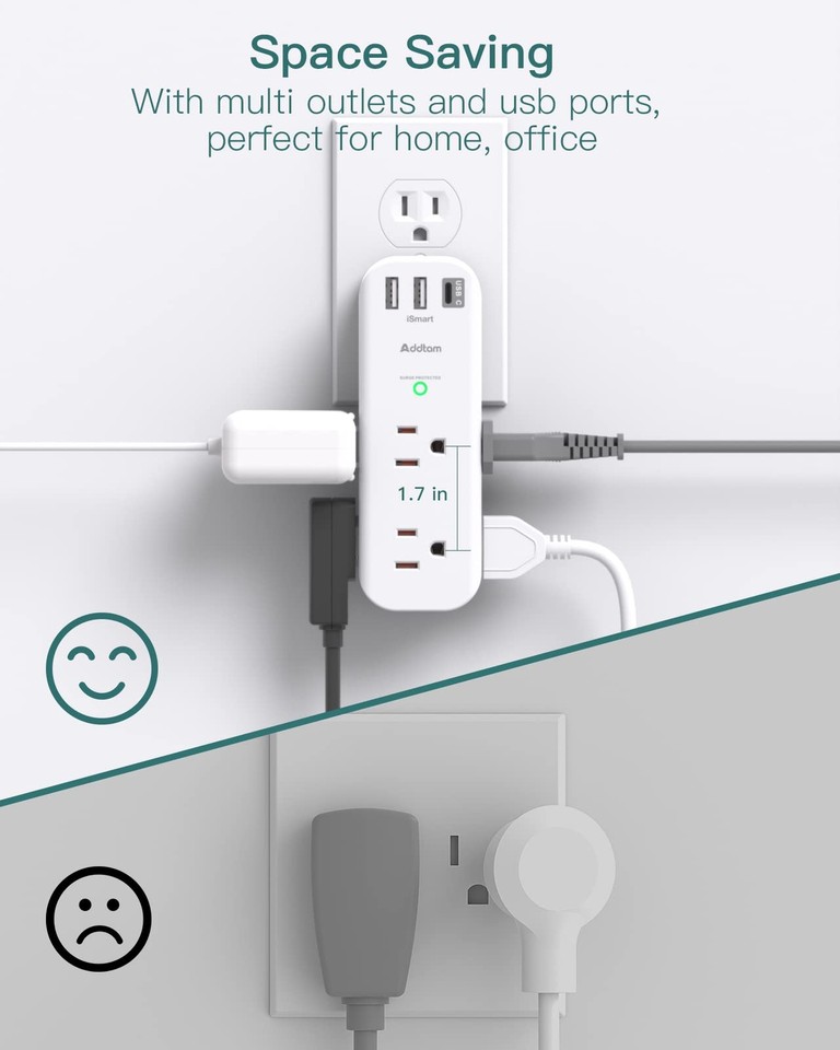 6 Outlet Extender Surge Protector Multi Plug Wall Adapter 3 USB Charger ...
