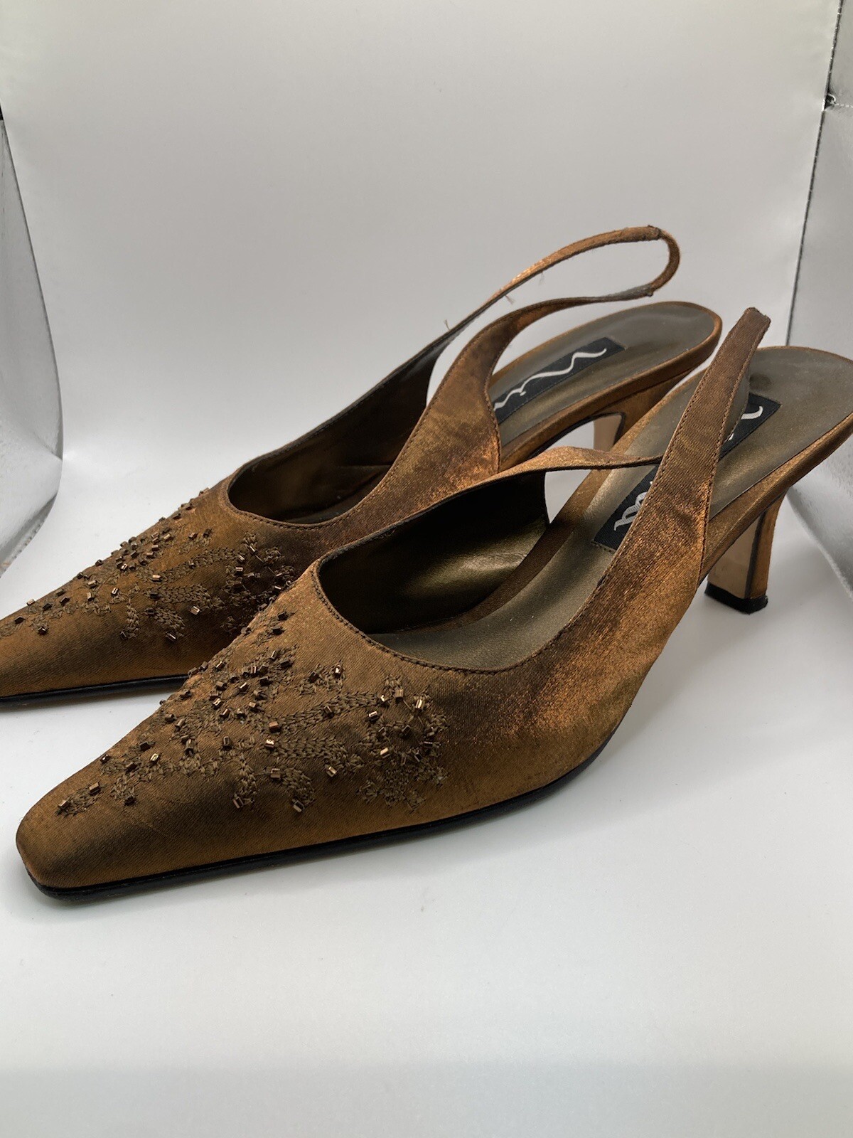 Nina slingbacks Heels Bronze satin Beaded Shoes pumps Size 9 1/2 M ...