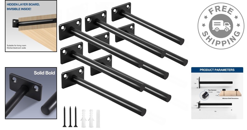 Set of 8 Heavy-Duty 6-Inch Black Steel Floating Shelf Supports - Easy ...