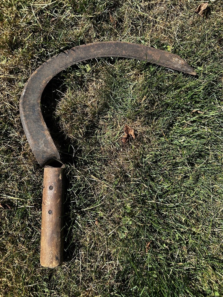 Antique Scythe Hand Sickle Rustic Cutting Farm Tool Wood Handle ...