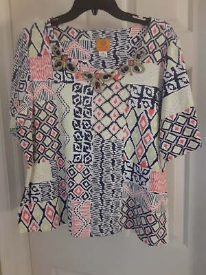 Ruby Road Woman's Top 1X Multi Col Embellished Neckline Soft Knit ...