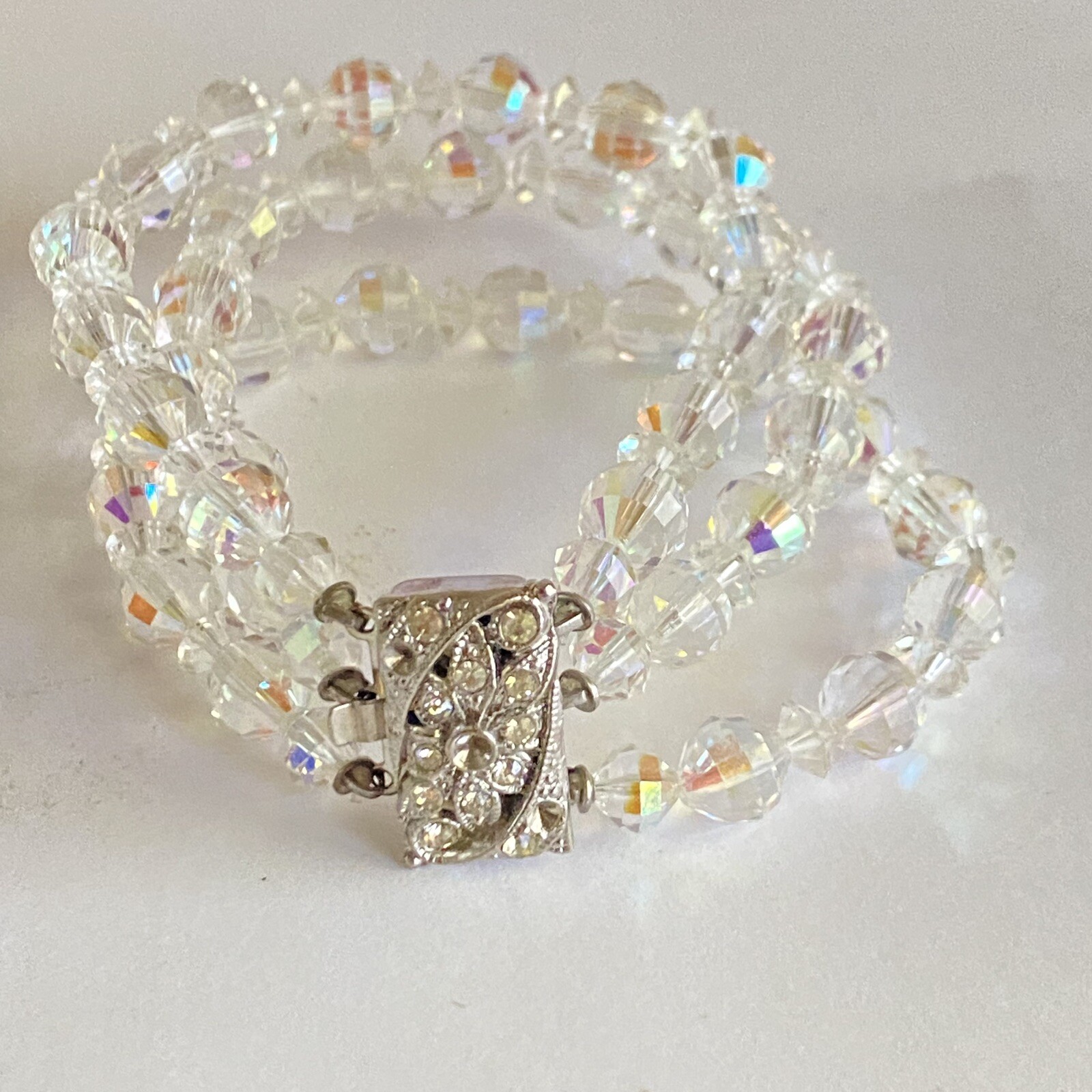 Vintage Triple Strand Aurora Borealis Bracelet with D… - Gem