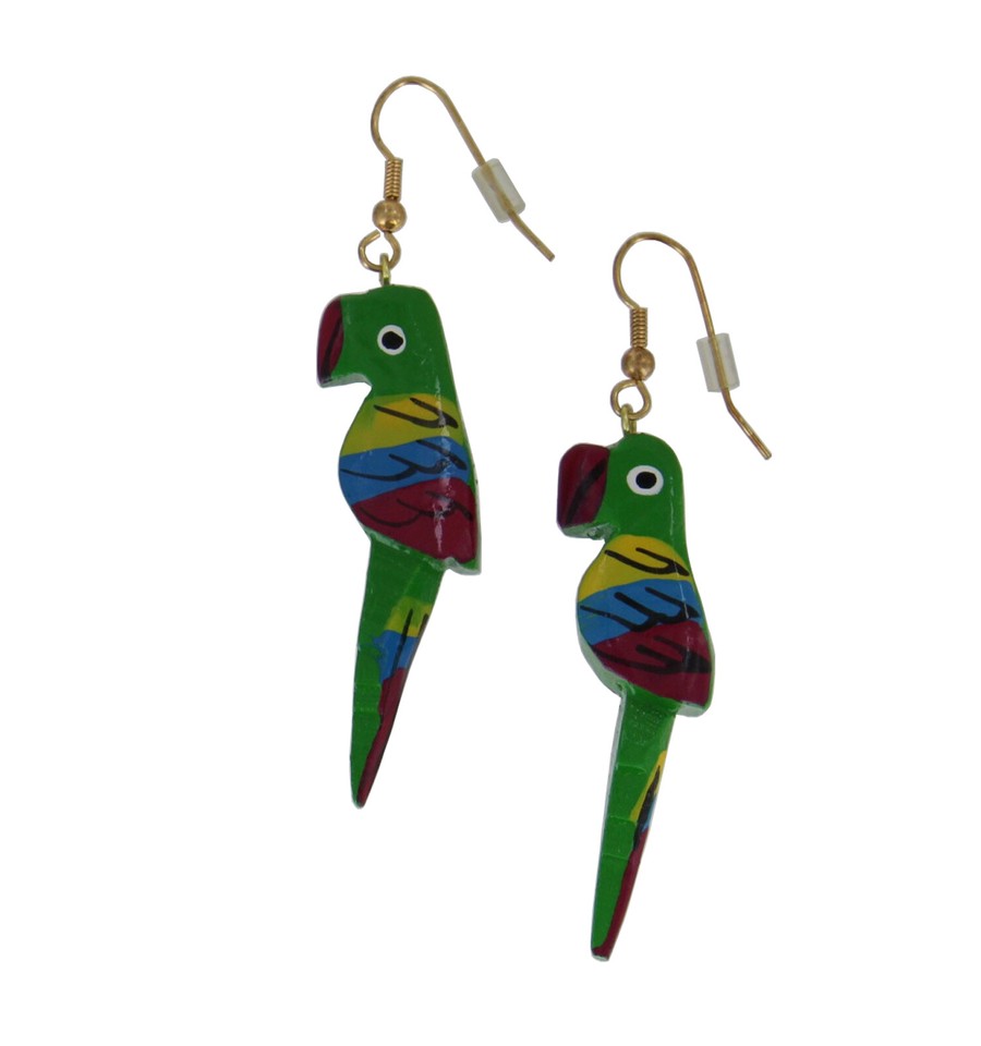 Parrot Head Wood Green Dangle Pierced Earrings Vintage Handmade 2 7/8 ...