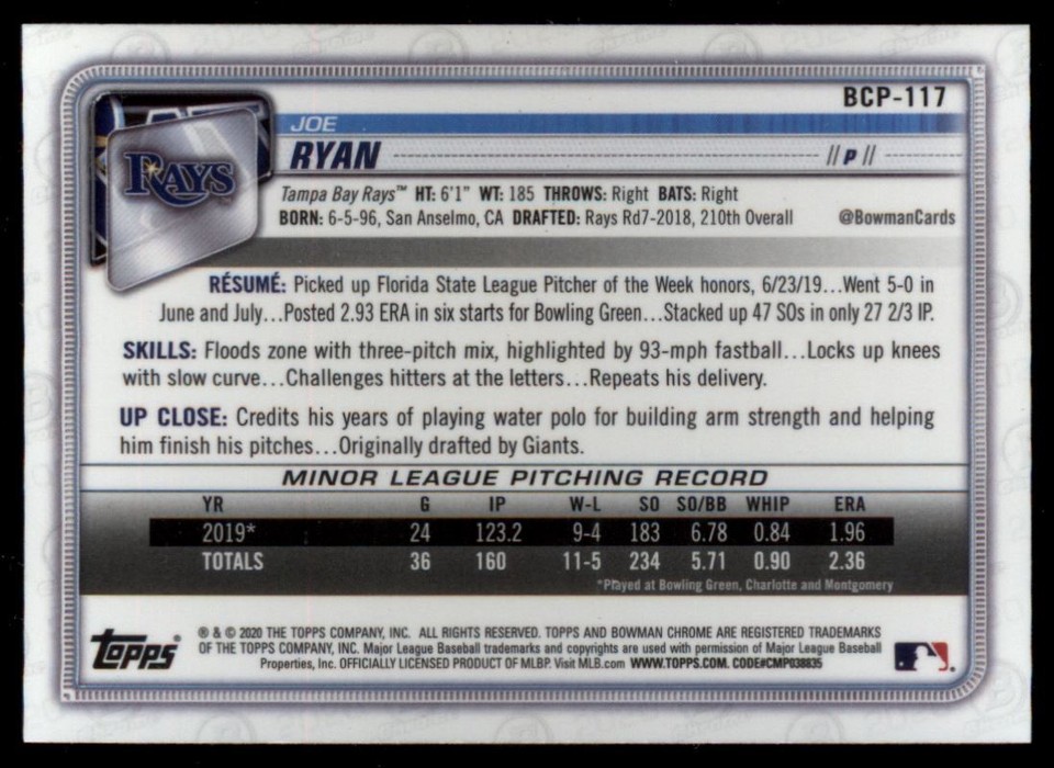 2020 Bowman Chrome Prospects Joe Ryan Tampa Bay Rays #BCP-117 | eBay