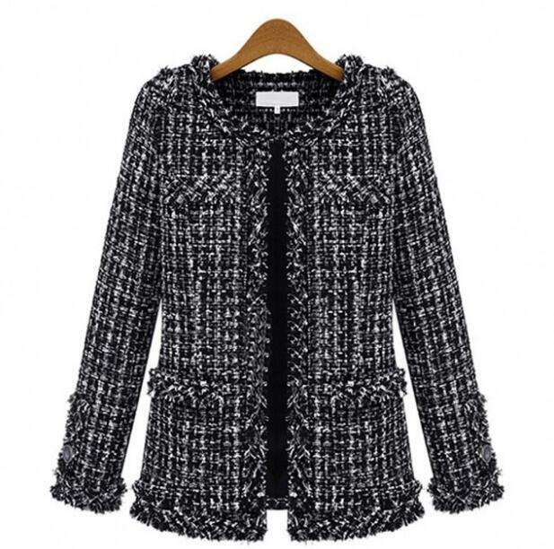 Women's Slim Fit Short Coat Outwear Tweed Round Neck Frared Fashion ...