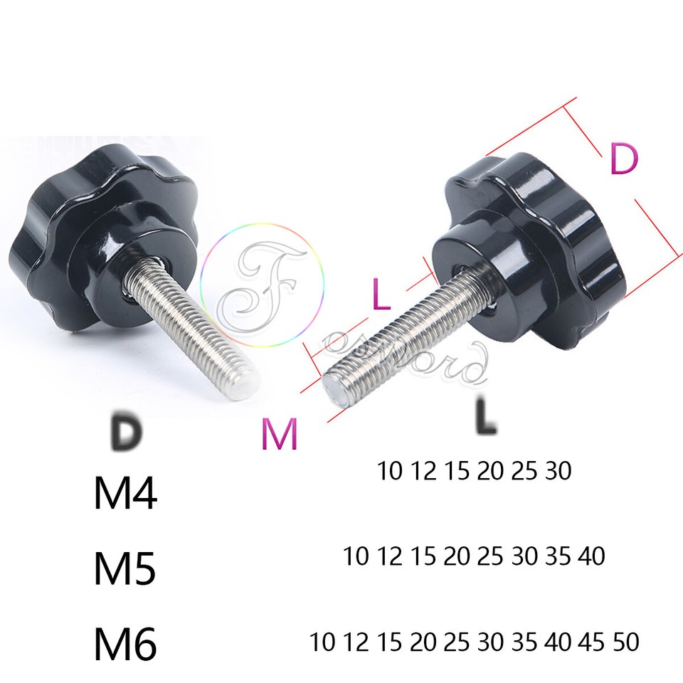 M4 M5 M6 M8 M10 M12 Thumb Screws Star Hand Knob Bolts Black Plastic ...