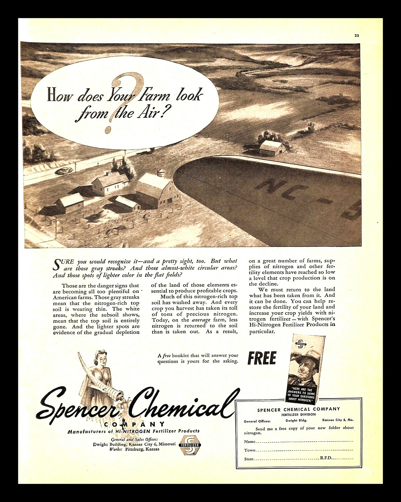 1947 Spencer Chemical Hi-Nitrogen Fertilizer Vintage PRINT AD Airplane ...