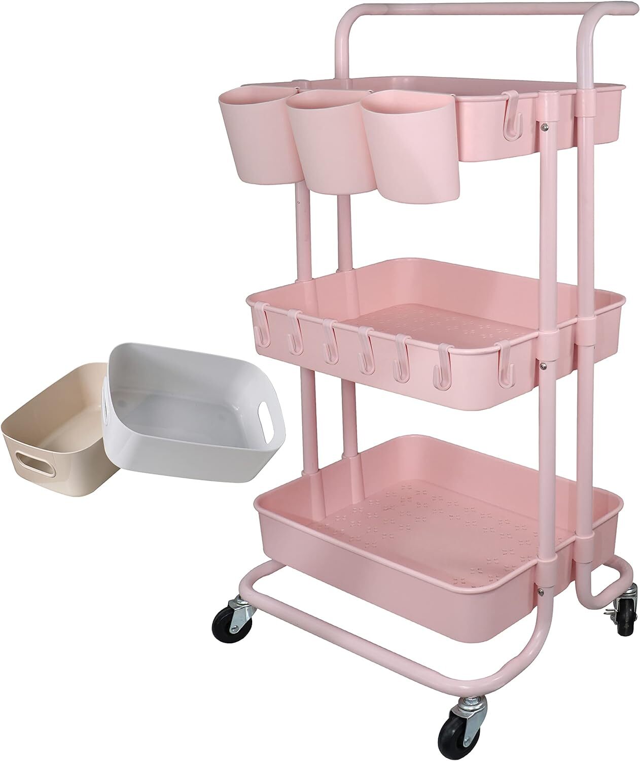 Freletry 3 Tier Utility Rolling Cart Storage Pink 3 Cup+8 Hook+2 Box | eBay