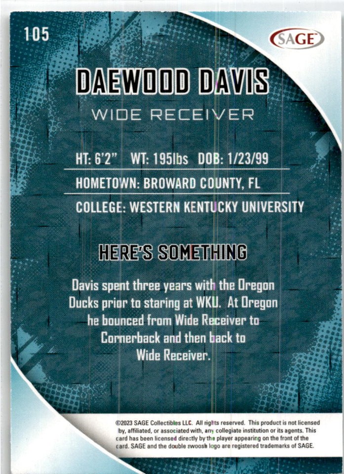 2023 SAGE HIT Daewood Davis #105 | eBay