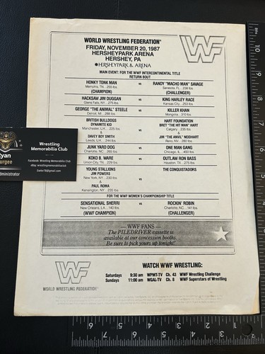 WWF wrestling original match card listing Hershey PA 11/20/87 WWE ...