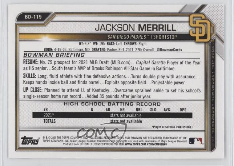 2021 Bowman Draft Jackson Merrill Isaac Frye ( Pictured) #BD-119 11bi ...