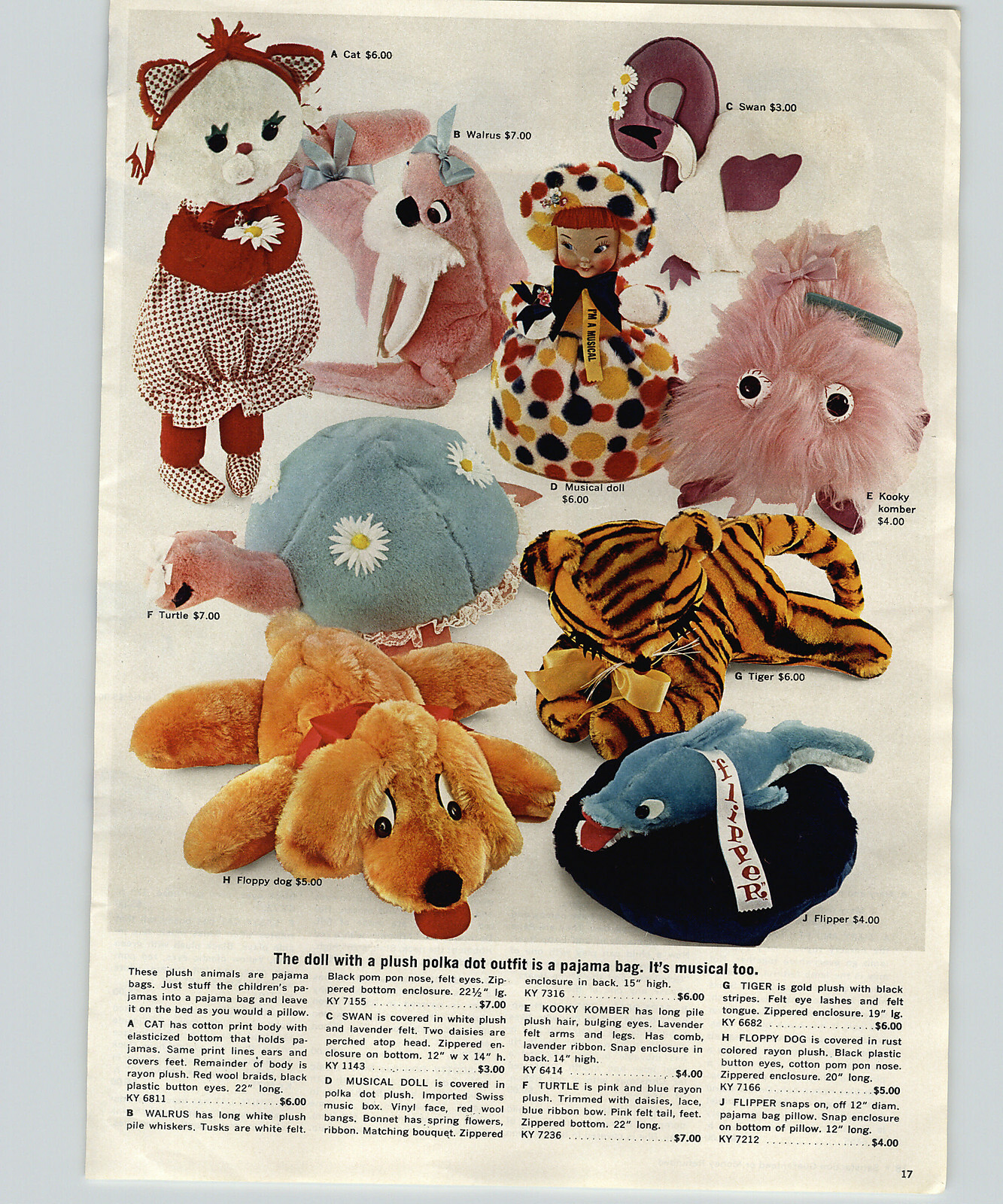 1966 Paper Ad 3 Pg Plush Stuffed Animals Pajama Bag Flipper Musical ...