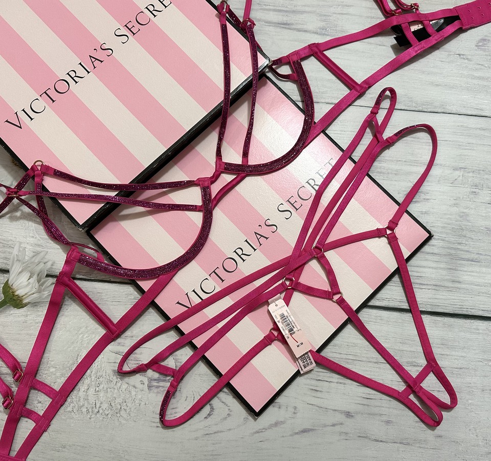 Victoria's Secret Shine Strappy Rhinestone Open-Cup Triangle Bra Thong ...