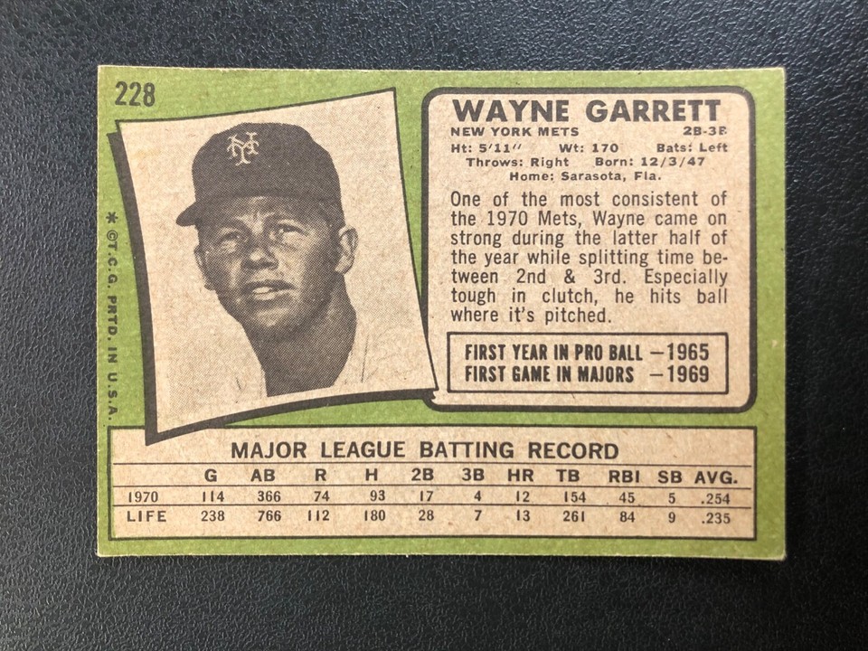 WAYNE GARRETT 1971 TOPPS VINTAGE BASEBALL CARD #228 METS | eBay