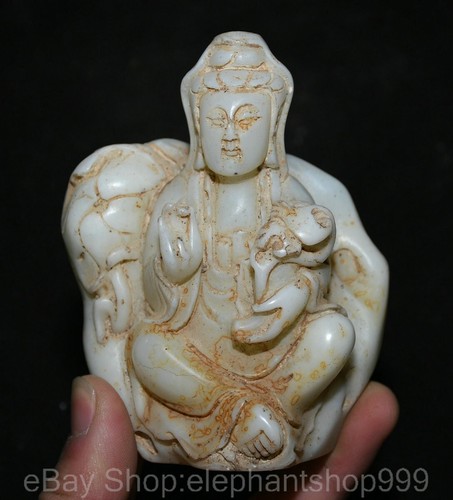 4" Old Chinese Natural White Jade Carving Kwan-yin Guanyin Bodhisattva ...