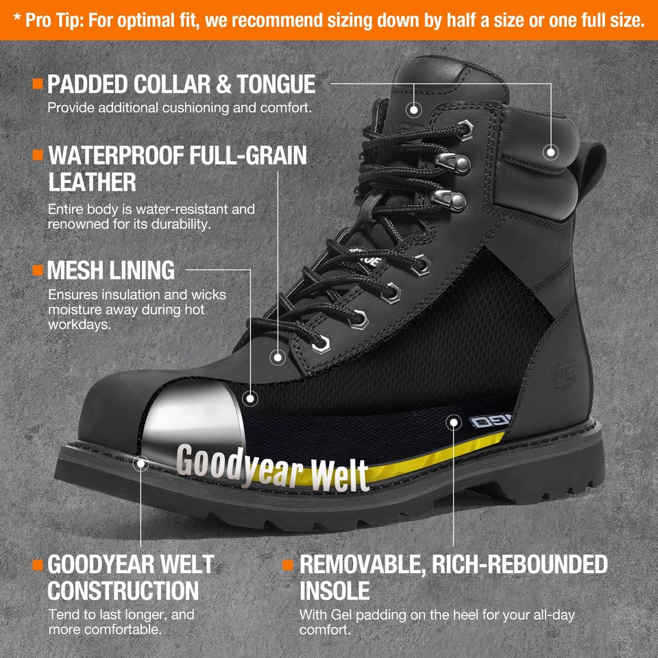 NINGO Men 6" Steel /Soft Toe Work Boots Waterproof Leather Construction ...
