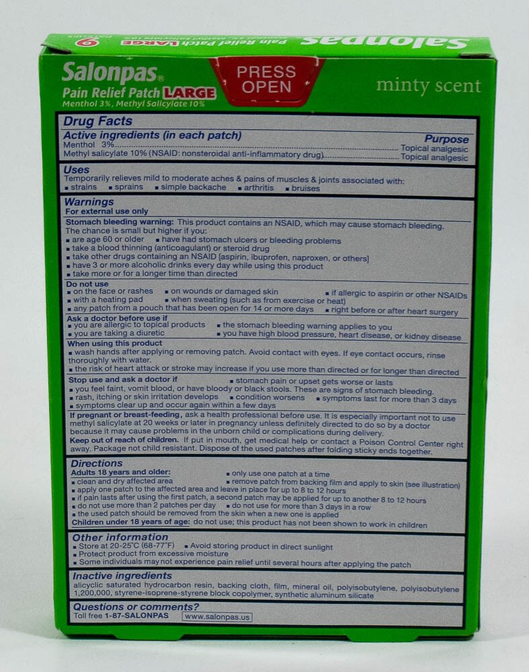 Salonpas Pain Relief Patch 9 LARGE Patches menthol/methyl salicylate ...