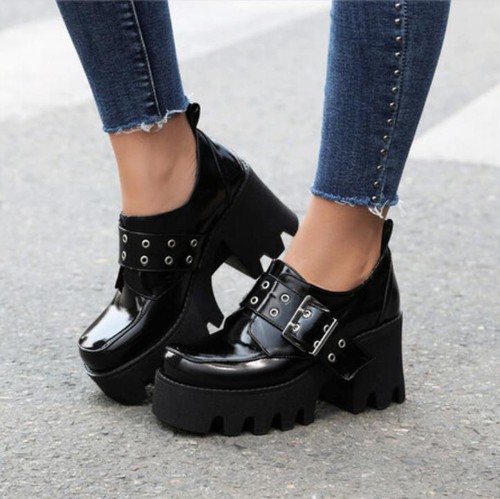 Women's Spring Autumn Punk Chunky High Heel Shoes Square Toe Buckle ...