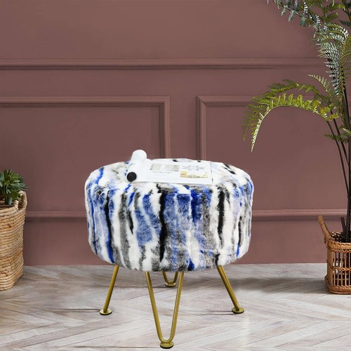 Luxury Plush Multi Jacquard Faux Fur Ottoman Round Foot Rest Stool for ...