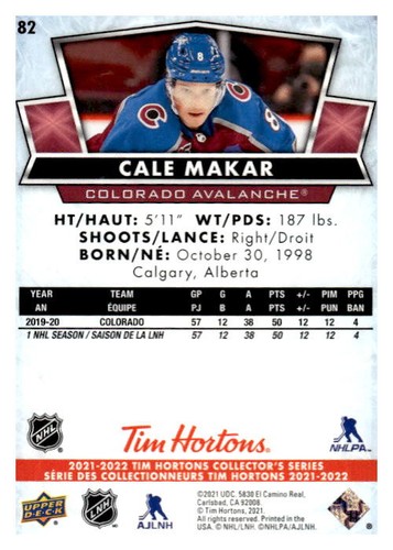 2021-22 Upper Deck Tim Hortons #82 Cale Makar | eBay