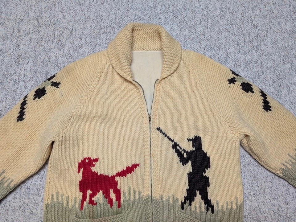 vintage COWICHAN sweater HUNTING cardigan 2XL wool knit 1950s handmade ...