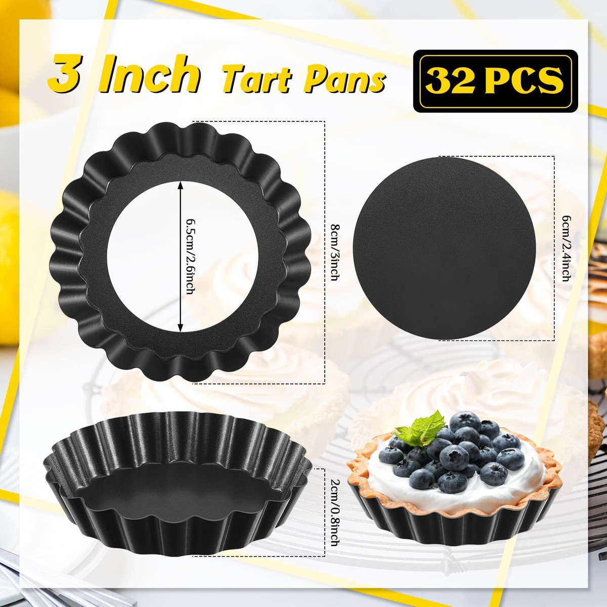 Mini Pie Pans 6-Cavity Mini Tart Pan Set - 2.75 Inch Non-Stick Carbon ...