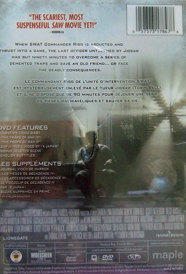 Saw IV (DVD, 2008, Canadian French Version) Tobin Bell, Scott Paterson ...