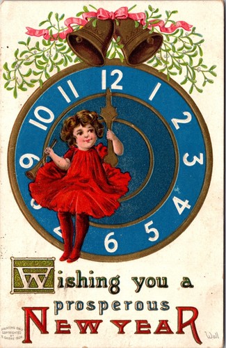 New Year Postcard Little Girl Sitting on Clock Hands Gold Bells ...