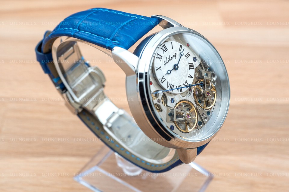 Mens Double Flywheel Automatic Mechanical Watch Silver White Dial Blue ...