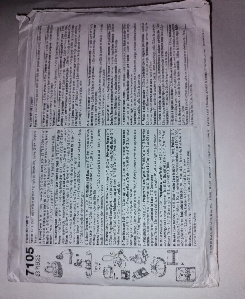 1996 SIMPLICITY Pattern Crafts 7105 Sewing Accessories One Size UNCUT ...