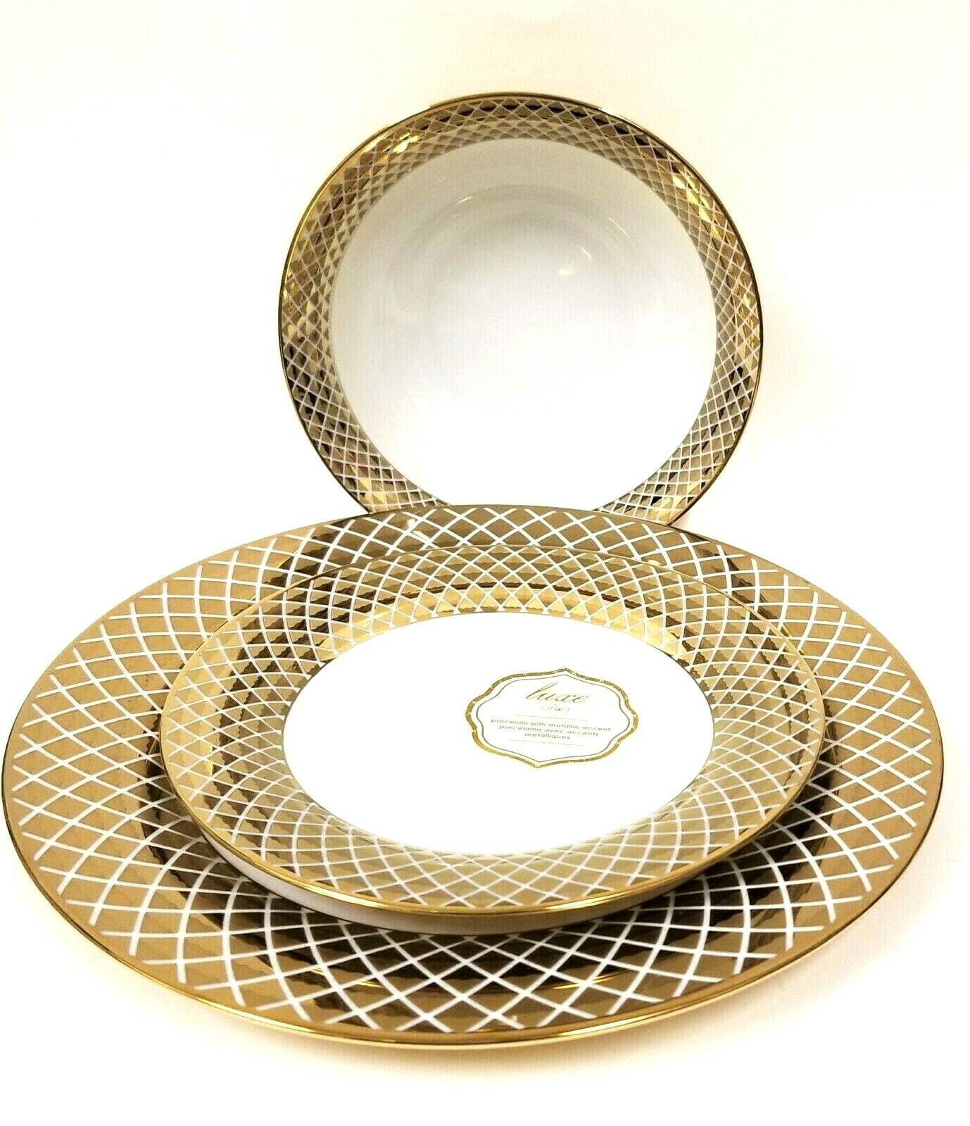 LUXE SET OF 4 PORCELAIN METALLIC GOLD DIAMOND PATTERN DINNER,SALAD ...