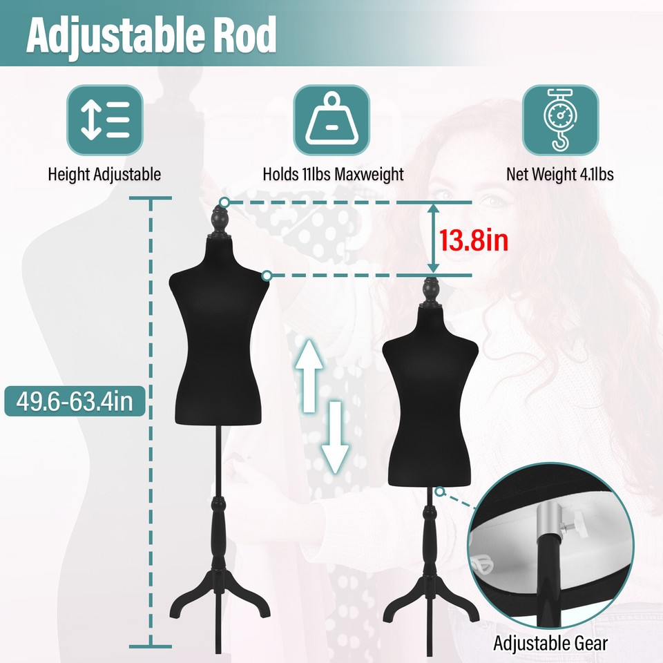 Mannequin Body Dress Form Torso Female Manikin 49.6-63.4 Inch Height ...