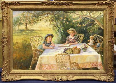 Vintage Picture Oil Painting signed Paul J. Attfield Picnic in Garden ...